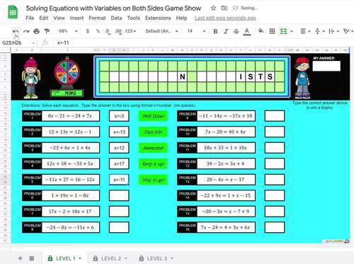 Google Sheets Digital Game Show Solving Equations with Variables on ...