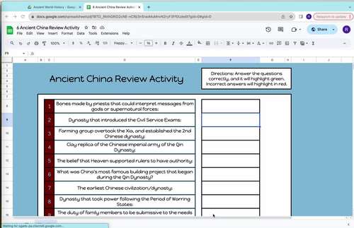 Ancient China Dynasties Interactive Google Sheets Digital Game Activity