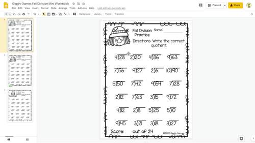 Giggly Games Fall Division Mini Workbook Print & GOOGLE SLIDES Distance ...