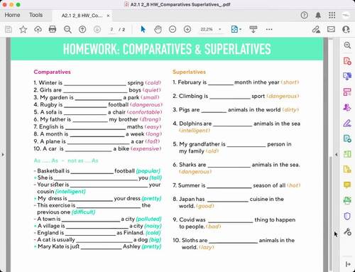 ESL Elementary Homework: Practise Comparatives & Superlatives | TPT