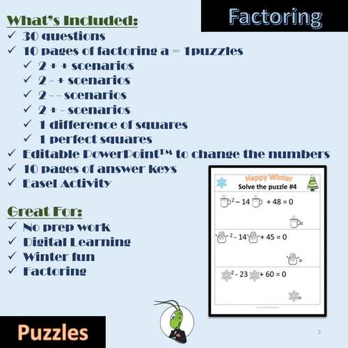 Winter Seasonal Factoring A=1 | Number Sense Logic Puzzles | Algebra 1