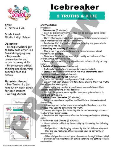 Back to School Icebreaker Game Templates: 2 Truths and a Lie | TPT