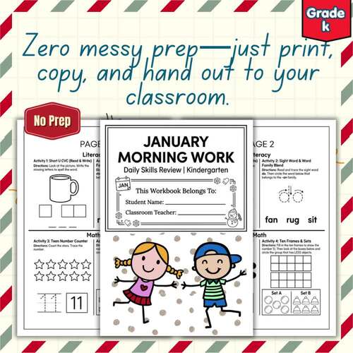 Kindergarten January Morning Work Worksheets | Daily ELA Math Spiral Review