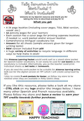 Spanish Semana Santa Easter Work Packet 1 ≌6th grade by Polly Glott's Shop