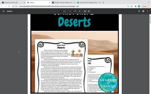 Desert Biome Reading Comprehension Passage by LaFountaine of Knowledge