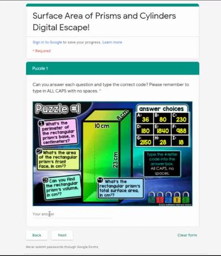 Surface Area of Prisms and Cylinders Digital Math Escape Room Activity