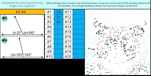 Complementary and Supplementary Angles Math Pixel Art - Solving Equations