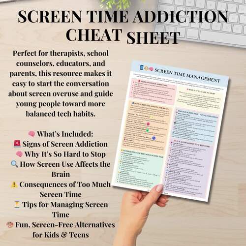 Screen Time Addiction Cheat Sheet, Social Media Literacy, Screen Addiction