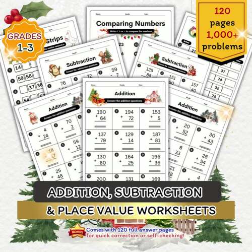 Christmas Math Bundle Addition, Subtraction & Place Value Worksheets ...