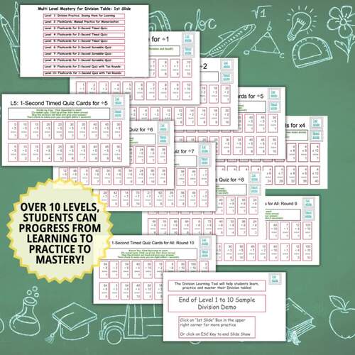 10 Level Division Flashcards Bundle, Math Practice, Math Facts, Flash Cards