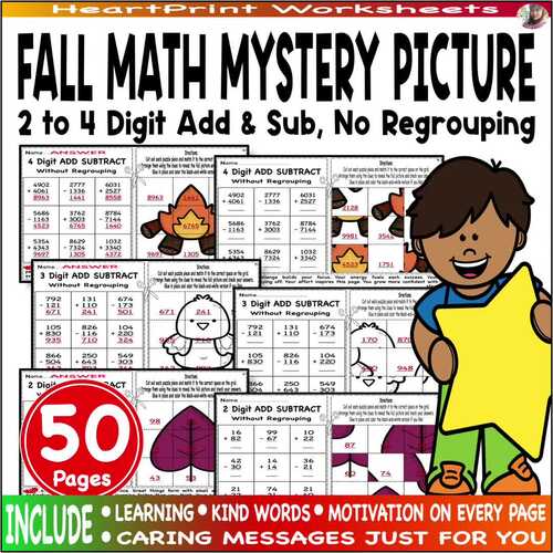 Fall math mystery picture, 2, 3, 4 digit mixed Add & Sub without ...