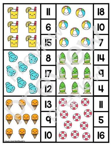 Summer Clip Cards Numbers 0-20 | One to One Counting | With Practice ...