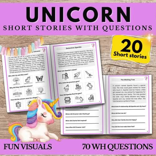 Unicorn 20 Short Stories W/ WH Open Questions Autism Reading Worksheet ...