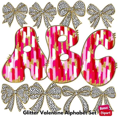 Red Glitter Valentines day Alphabet bulletin board room décor, Bow clipart