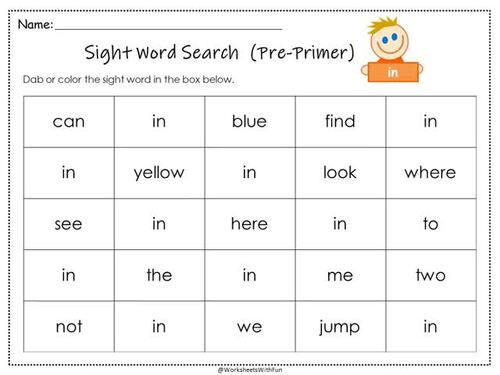 Sight Word Search, Sight Words Worksheets, Dolch Pre-Primer ...