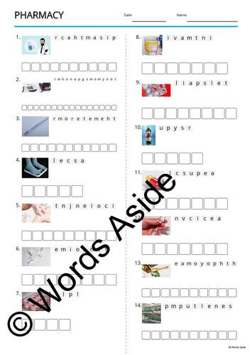 Vocabulary Puzzle Writing Worksheets Crossword Word Search Anagram PHARMACY