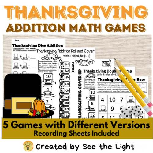 No Prep Thanksgiving Addition Games with Recording Sheets for First ...