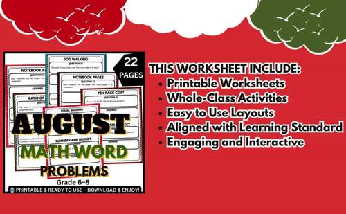 August Math Word Problem Worksheets, 6th,7th,8th Grade | TPT