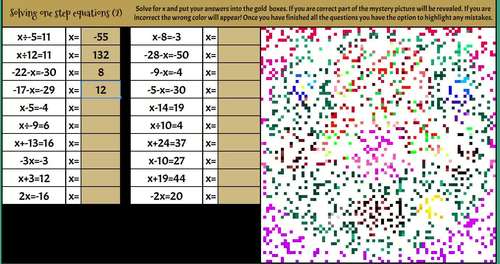 Solving 1 Step Equations (Integer Variables) Christmas Math Pixel Art
