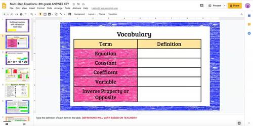 Solving Equations with a Variable on Both Sides Activity - TEKS 8.8A 8 ...