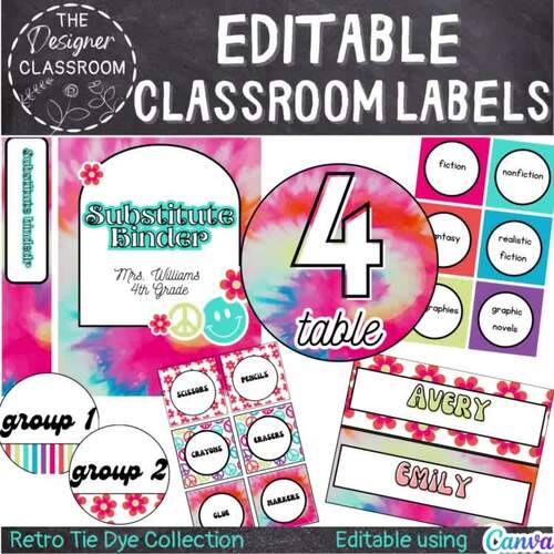 Editable Classroom Labels Pack | Retro Tie Dye Classroom Decor | TPT