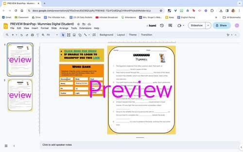 Ancient Egypt- BrainPop Mummies Worksheet (Digital and Printable Versions)