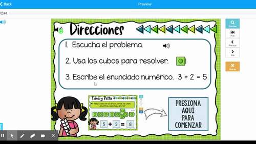 Add and Subtract Story Problems in Spanish BOOM Cards by Loving Math