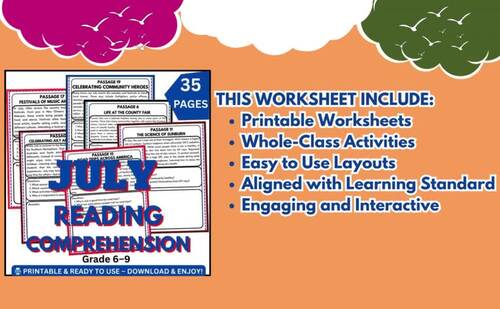 JULY Nonfiction Reading Comprehension Passages Worksheets, 6th 7th 8th ...