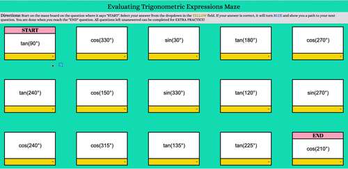 Evaluating Trigonometric Expressions (Sin Cos and Tan) Self-Checking Maze!