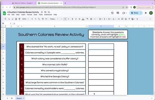 Southern Colonies Jamestown Interactive Google Sheets Digital Game Activity