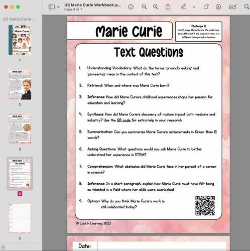 Marie Curie || Women in STEM || Guided Reading Comprehension || Text & Qs