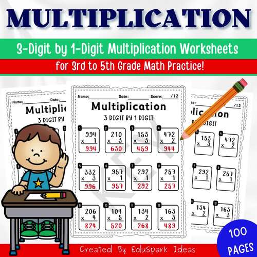 3-Digit by 1-Digit Multiplication Worksheets | Math Workbook | for 3rd ...