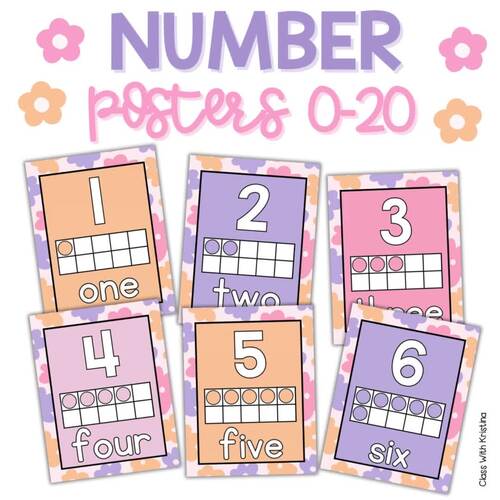 Number Posters with Ten Frames 0-20 Cute Groovy Retro Flowers Theme ...