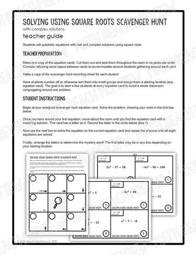 Solving Equations Using Square Roots (Complex Solutions) Scavenger Hunt ...