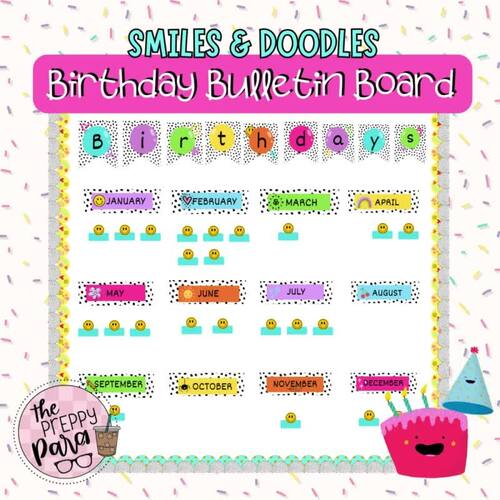 Smiles & Doodles Birthday Bulletin Board with Editable name tags