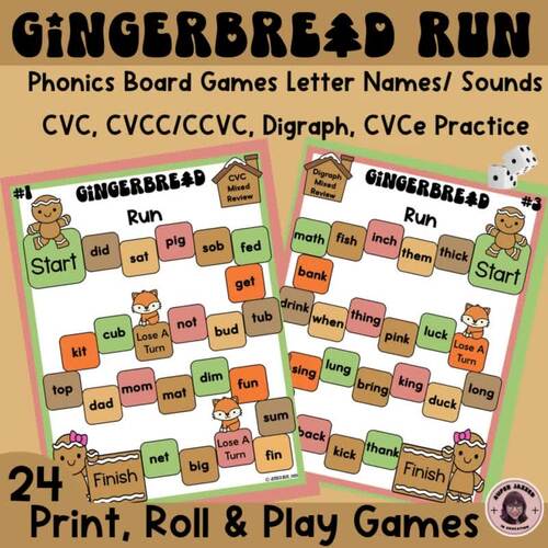 Gingerbread Run Winter Phonics Board Games Letter Sounds, CVC, Digraph ...