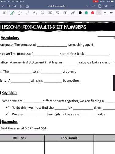 Adding Multi-Digit Numbers Guided Notes 4th Grade Lesson 4.NBT.4