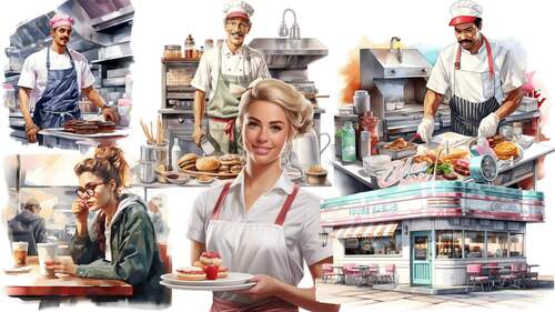 Watercolor Retro Diner Clipart Set of 20 Files by ArtisticTimberStudio