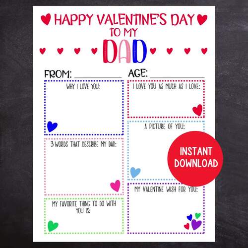 Kid's Valentine's Card for Dad, Printable Dad Valentine's Card, Keepsake