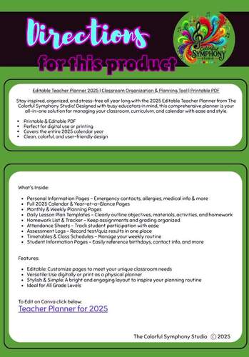 2025 Editable Teacher Planner | Printable PDF by The Colorful Symphony ...
