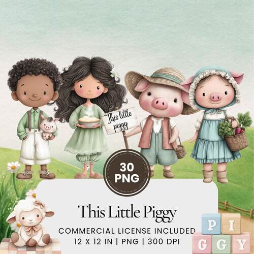 This Little Piggy Nursery Rhyme Watercolor Clipart by Ikota Design