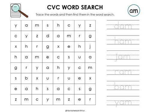 CVC Word Search Worksheets, CVC Word Practice, Kindergarten Phonics, T-353