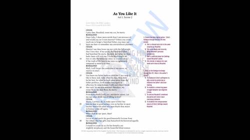 As You Like It Act 1 Scene 2 Close Reading Worksheet (Printable)