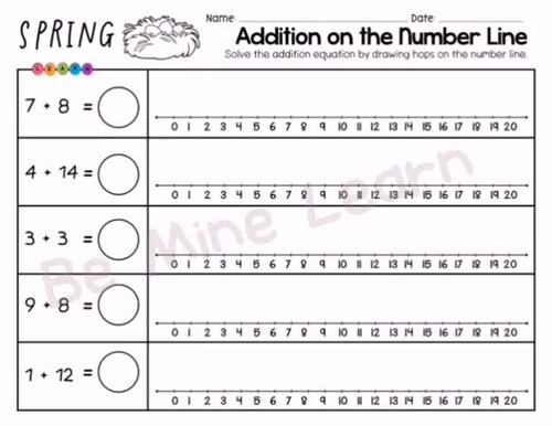 Spring Addition and Subtraction with Number Lines | up to 20 | Grade 1
