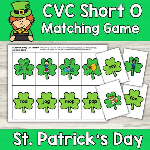 St. Patrick's Day CVC Short O Matching Game Kinder 1st 2nd grade Center ...