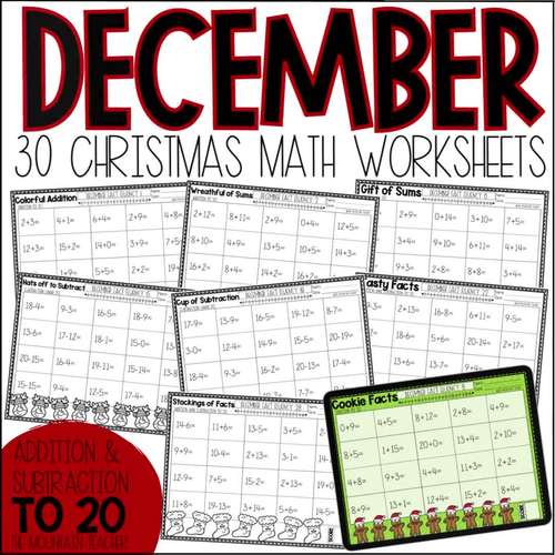 Christmas Adding & Subtracting Up to 20 Worksheets | December Math Fact ...