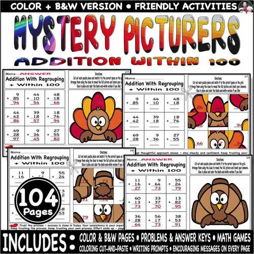 Addition within 100with Regrouping Mystery Picture fun worksheet,Adding ...