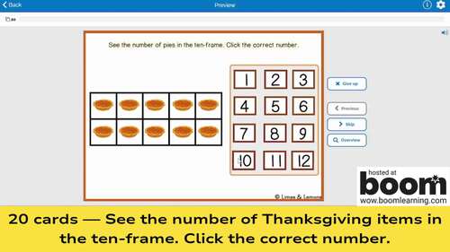 Thanksgiving Math Ten frames to 20 Digital Boom Cards by Limes and Lemons