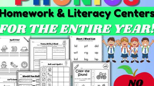 Phonics Homework & Literacy Center Worksheets for the WHOLE YEAR: K-2!