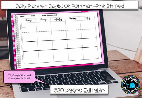Daybook Planner for Teachers- PINK STRIPED PDF I GOOGLE SLIDES I PPT